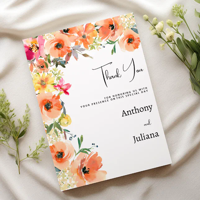 Botanic orange yellow pink summer floral Thank You Invitation | Zazzle