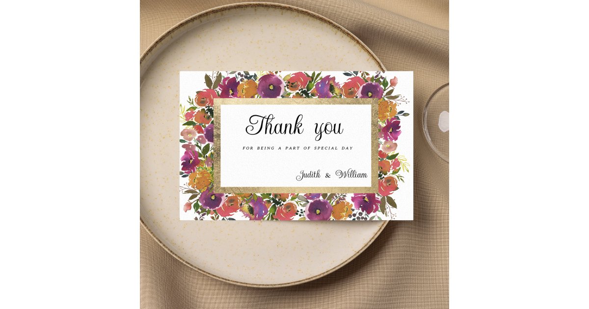 Botanic purple orange pink gold floral Thank You Invitation | Zazzle