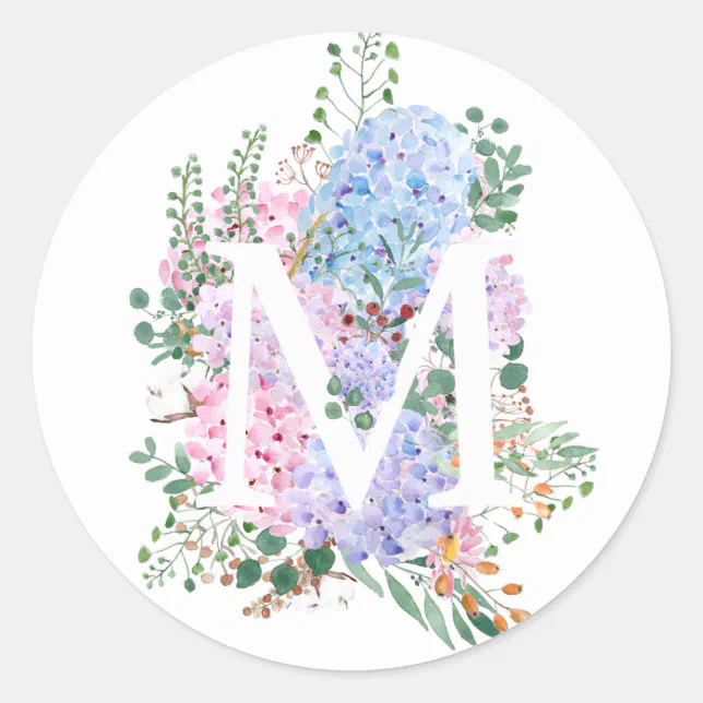 Botanical alphabet M hydrangea flowers Classic Round Sticker | Zazzle
