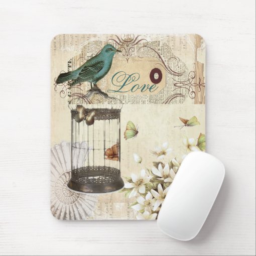 botanical art birdcage modern vintage french bird mouse pad | Zazzle