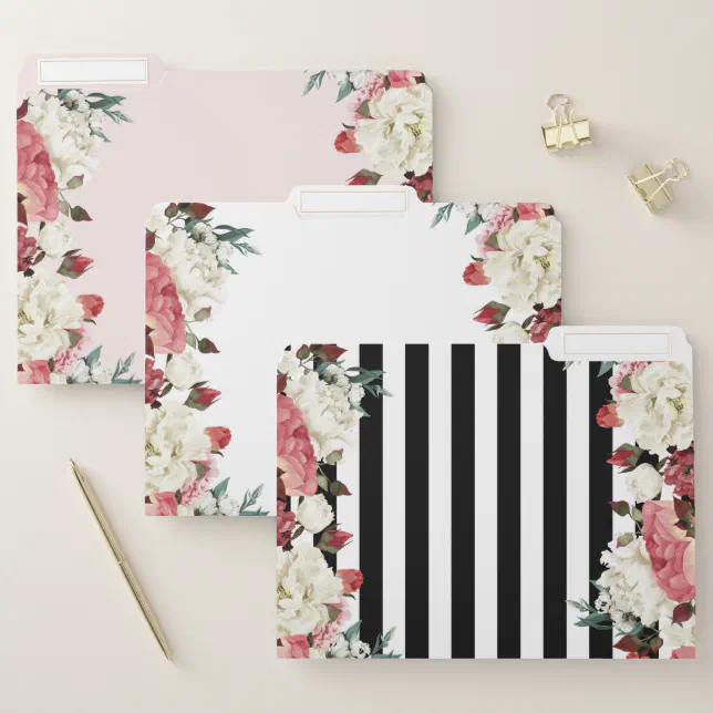 Botanical Blooms Pink Gold Stripes File Folder | Zazzle