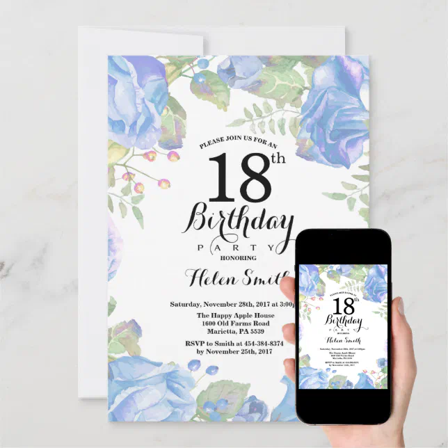 Botanical Blue Floral 18th Birthday Invitation | Zazzle
