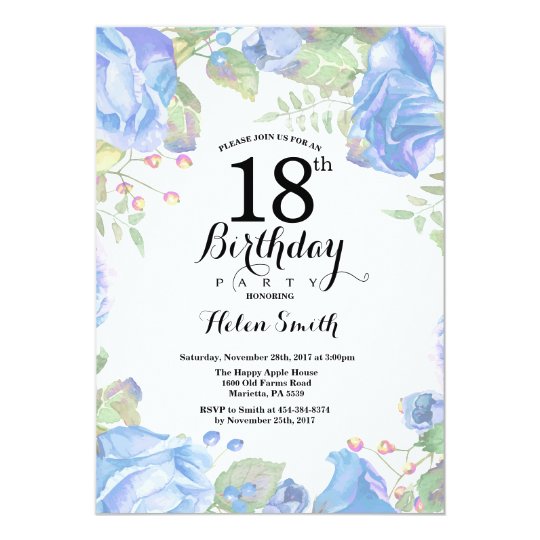 Botanical Blue Floral 18th Birthday Invitation | Zazzle.com