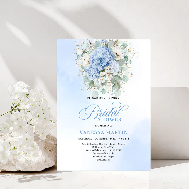 Botanical Blue Hydrangea Eucalyptus Shower Invitat Invitation | Zazzle