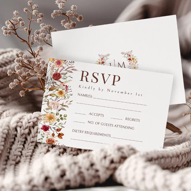 Botanical Burgundy Fall Floral Wedding RSVP Cards | Zazzle