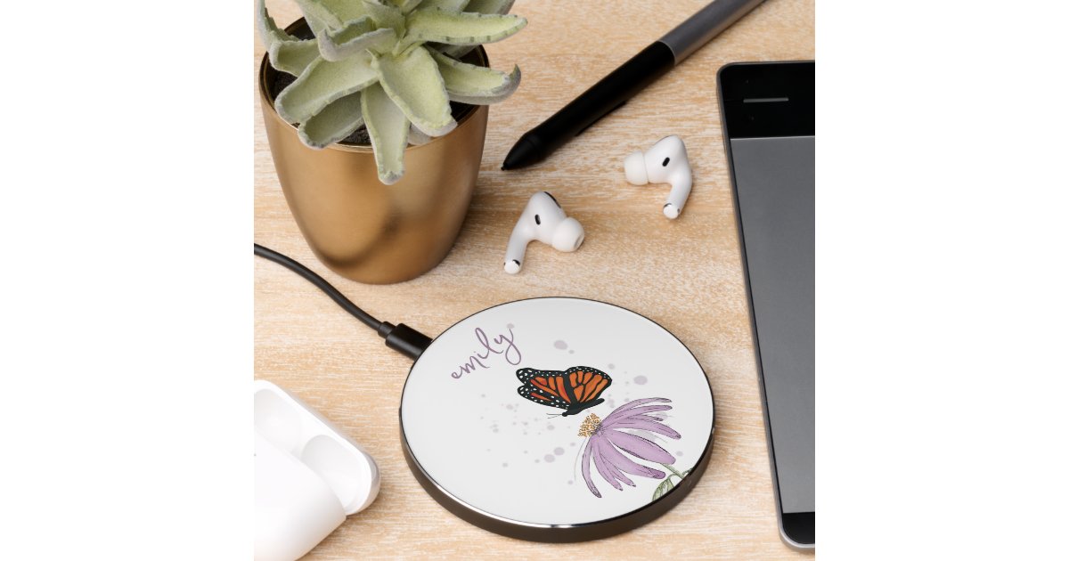 Botanical Butterfly Minimalist Purple Flower Cute Wireless Charger | Zazzle