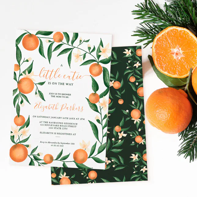 Botanical citrus orange little cutie baby shower invitation | Zazzle