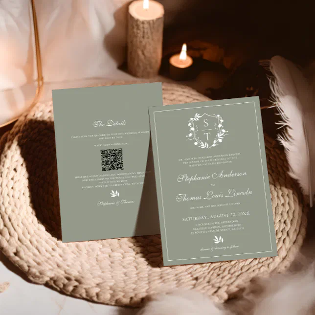 Botanical Crest Sage Green Wedding QR Code Invitation | Zazzle