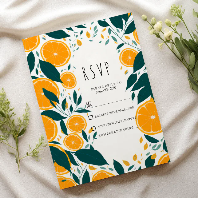 Botanical dark green citrus orange fruit RSVP Invitation | Zazzle