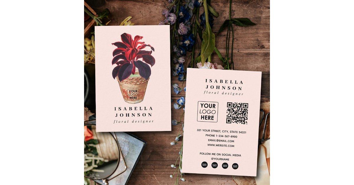 Botanical Designer Logo Pink QR Code Social Media Business Card | Zazzle