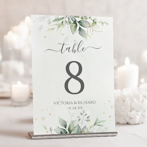 Botanical Eucalyptus Greenery Watercolor Elegant Table Number | Zazzle