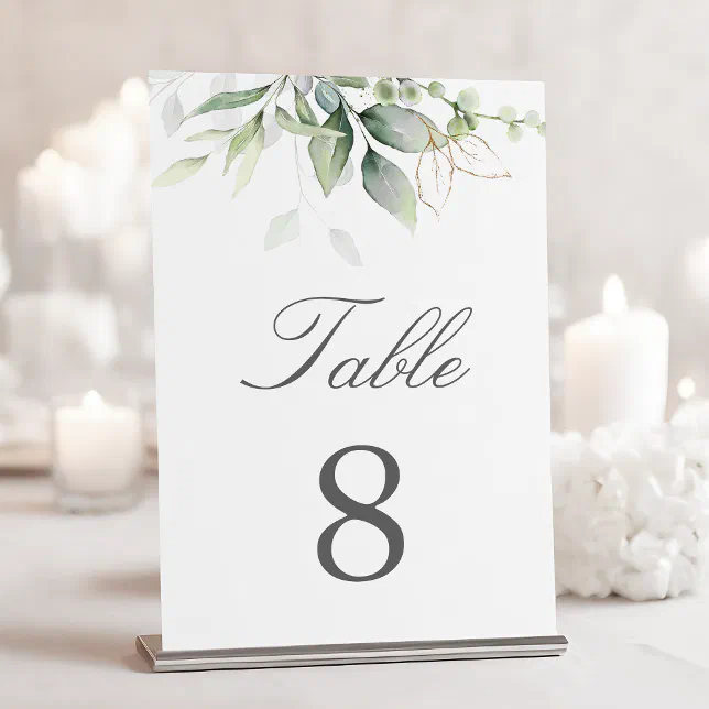 Botanical Eucalyptus Greenery Watercolor Elegant Table Number | Zazzle