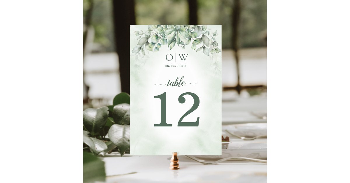 Botanical Eucalyptus Leaves Wedding Table Number | Zazzle