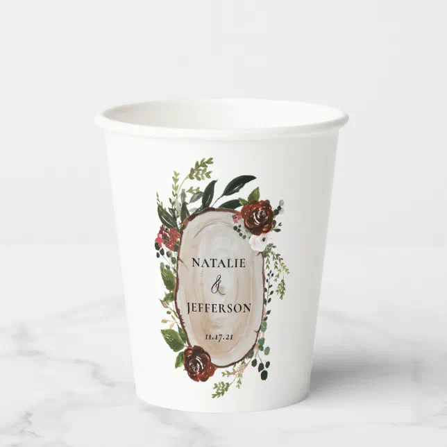 botanical farmhouse rustic wood slice wedding paper cups | Zazzle