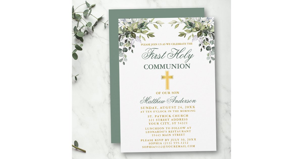 Botanical First Communion Sage Green Gold Invitation | Zazzle