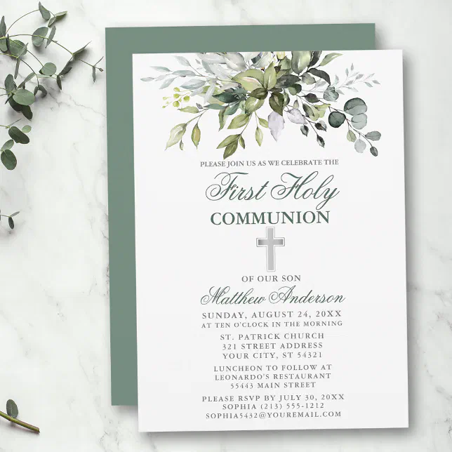 Botanical First Communion Silver Sage Green Invitation | Zazzle