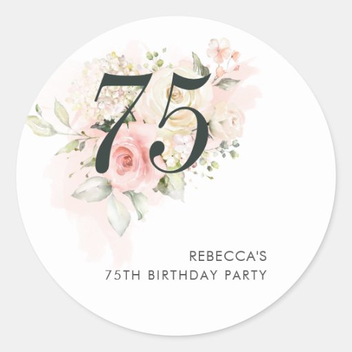 Botanical Floral 75th Birthday Party Classic Round Sticker | Zazzle