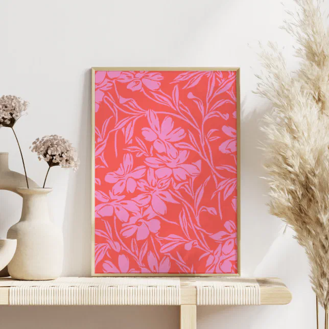 Botanical Floral Boho Art Design in Pink and Red Poster | Zazzle