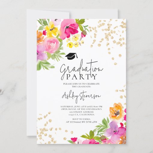 Botanical floral Gold glitter photo graduation Invitation | Zazzle