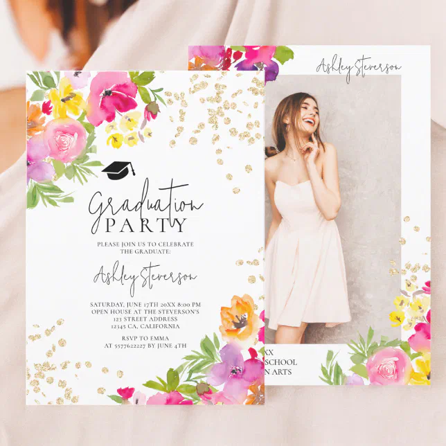 Botanical floral Gold glitter photo graduation Invitation | Zazzle