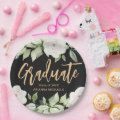 Botanical Floral Graduate Script Graduation Black Paper Plates | Zazzle