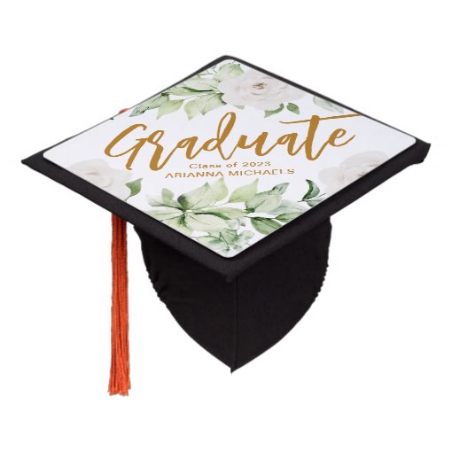 Botanical Floral Pretty Script with Name 2023 Graduation Cap Topper ...