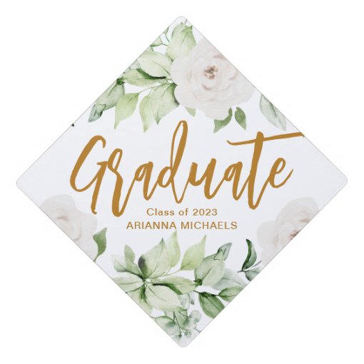 Botanical Floral Pretty Script with Name 2023 Graduation Cap Topper ...