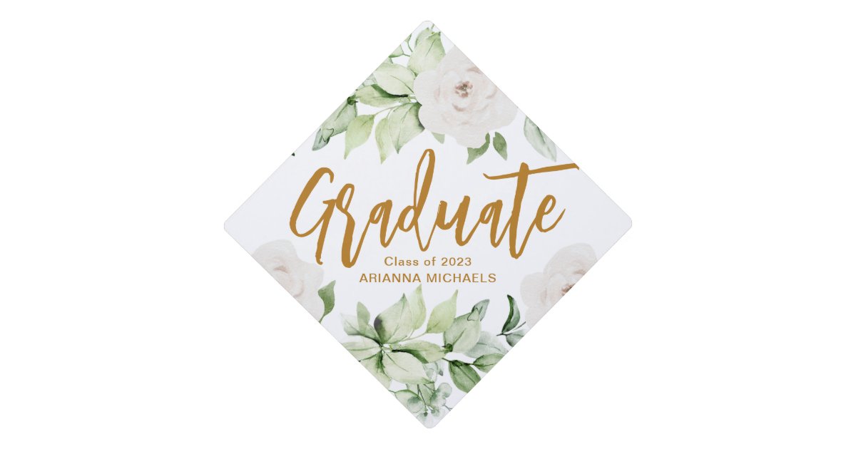Botanical Floral Pretty Script with Name 2023 Graduation Cap Topper ...