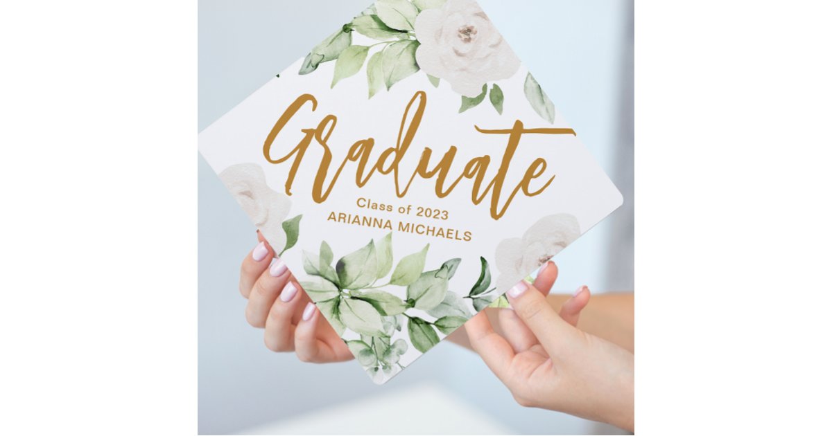 Botanical Floral Pretty Script with Name 2023 Graduation Cap Topper ...