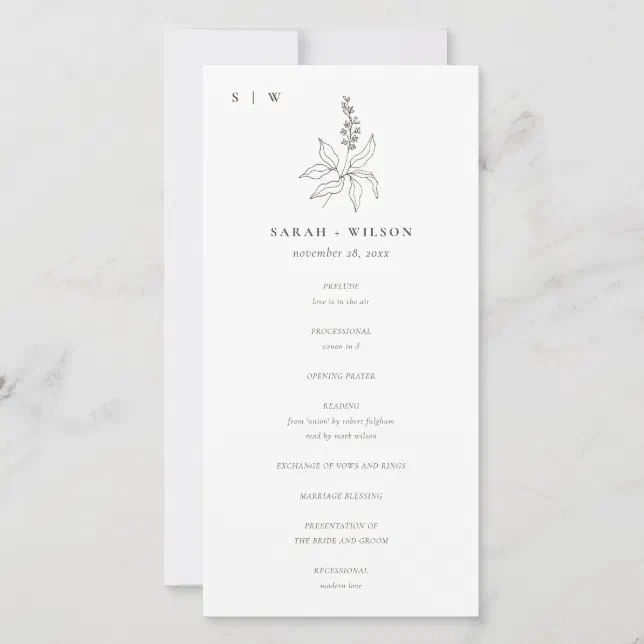 Botanical Floral Sketch Monogram Wedding Program | Zazzle