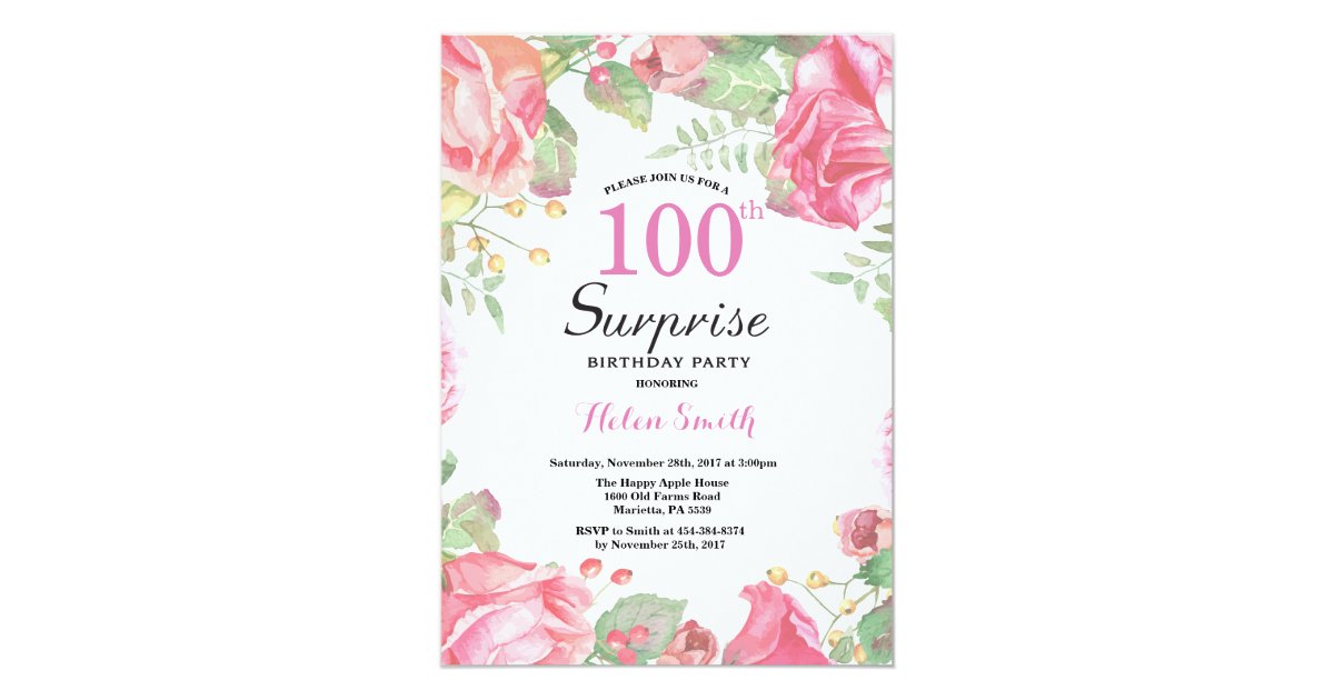 Botanical Floral Surprise 100th Birthday Invitation | Zazzle.com