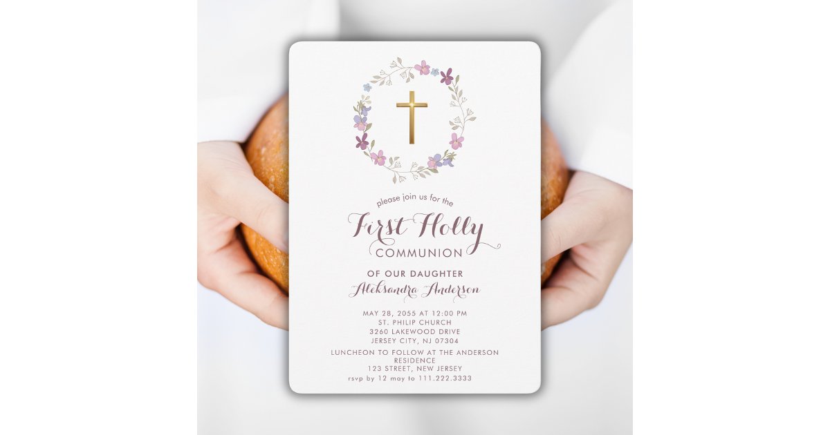 Botanical Floral Wreath First Holly Communion Invitation | Zazzle