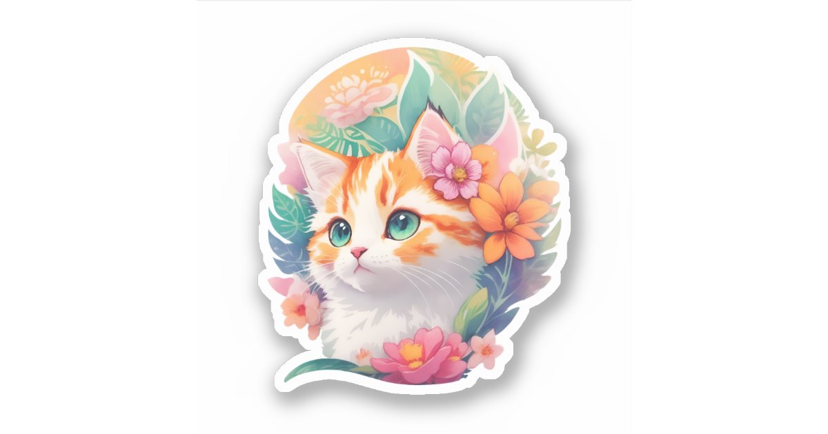 Botanical Flower Tabby Cat Watercolor Portrait Sticker | Zazzle
