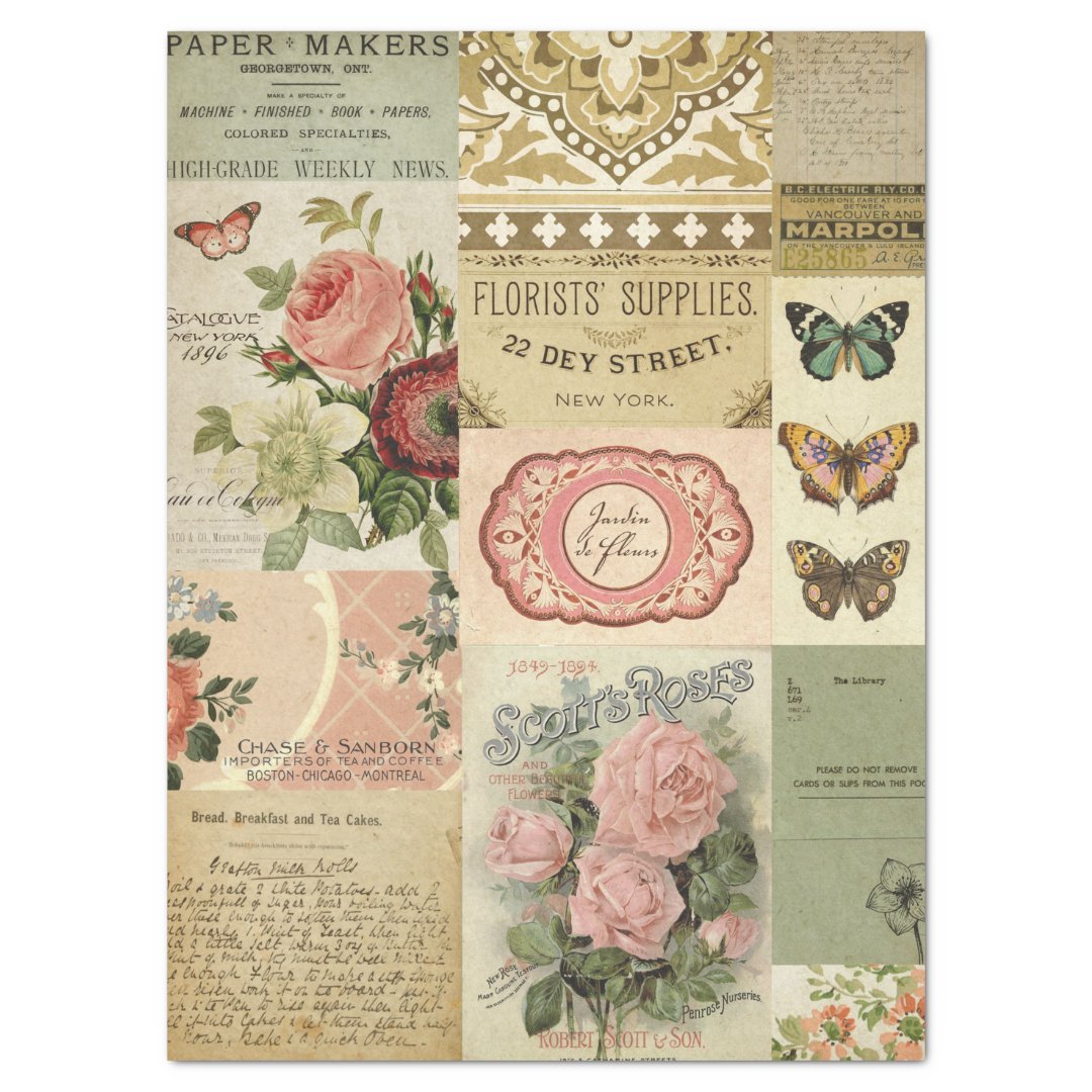 Botanical Flowers and Vintage Ephemera Decoupage Tissue Paper | Zazzle