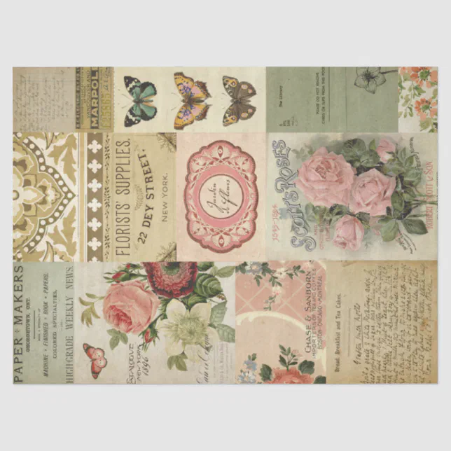 Botanical Flowers and Vintage Ephemera Decoupage Tissue Paper | Zazzle