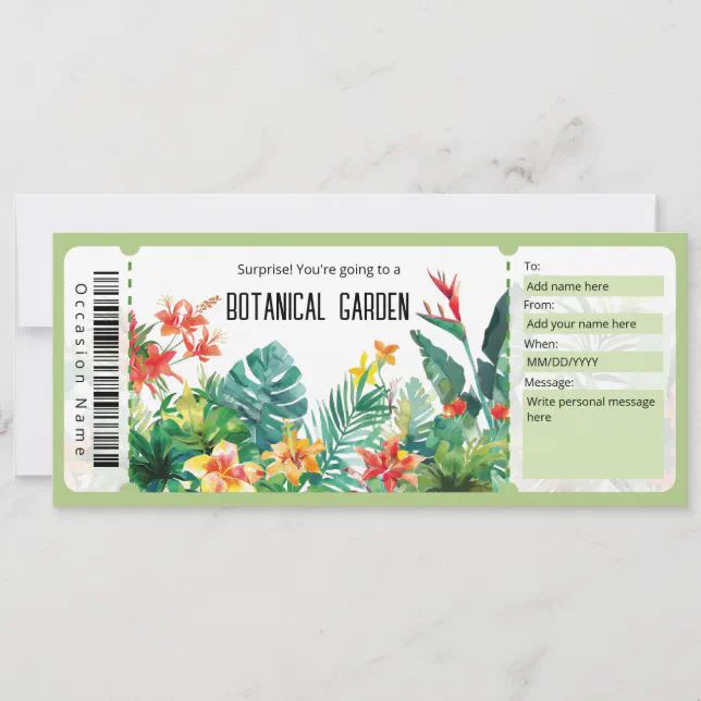Botanical Garden Ticket Gift Certificate Invitation | Zazzle