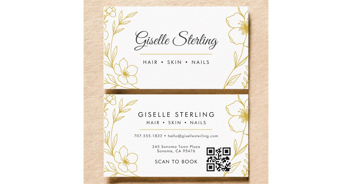 Botanical Gold and White QR Code Beauty Salon Business Card | Zazzle