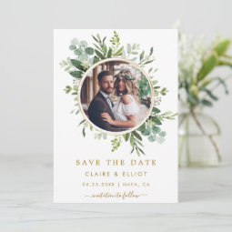 Botanical Gold Green Wreath Wedding Photo Save The Date | Zazzle