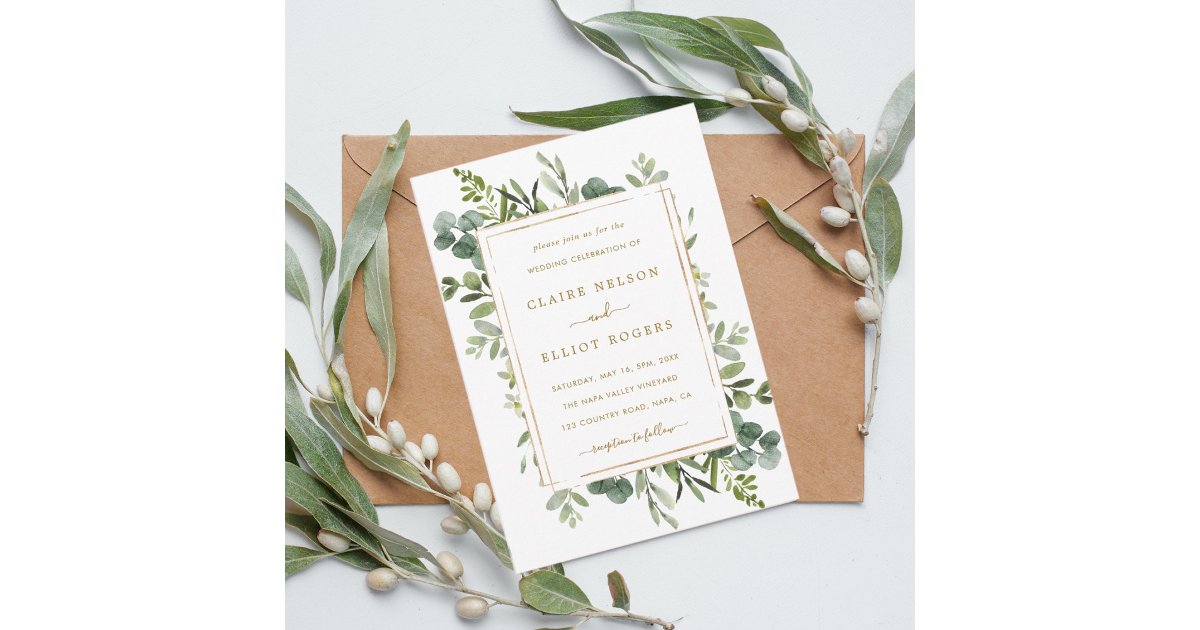 Botanical Gold Greenery Wedding Invitation | Zazzle