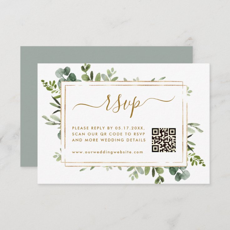 Botanical Gold Greenery Wedding RSVP with QR Code Enclosure Card | Zazzle