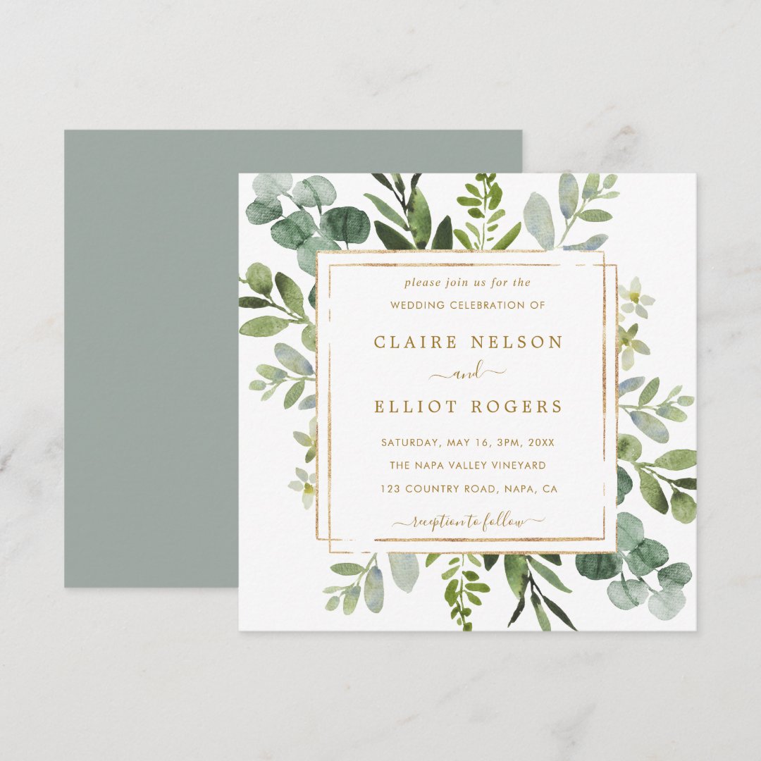 Botanical Gold Greenery Wedding Square Invitation | Zazzle