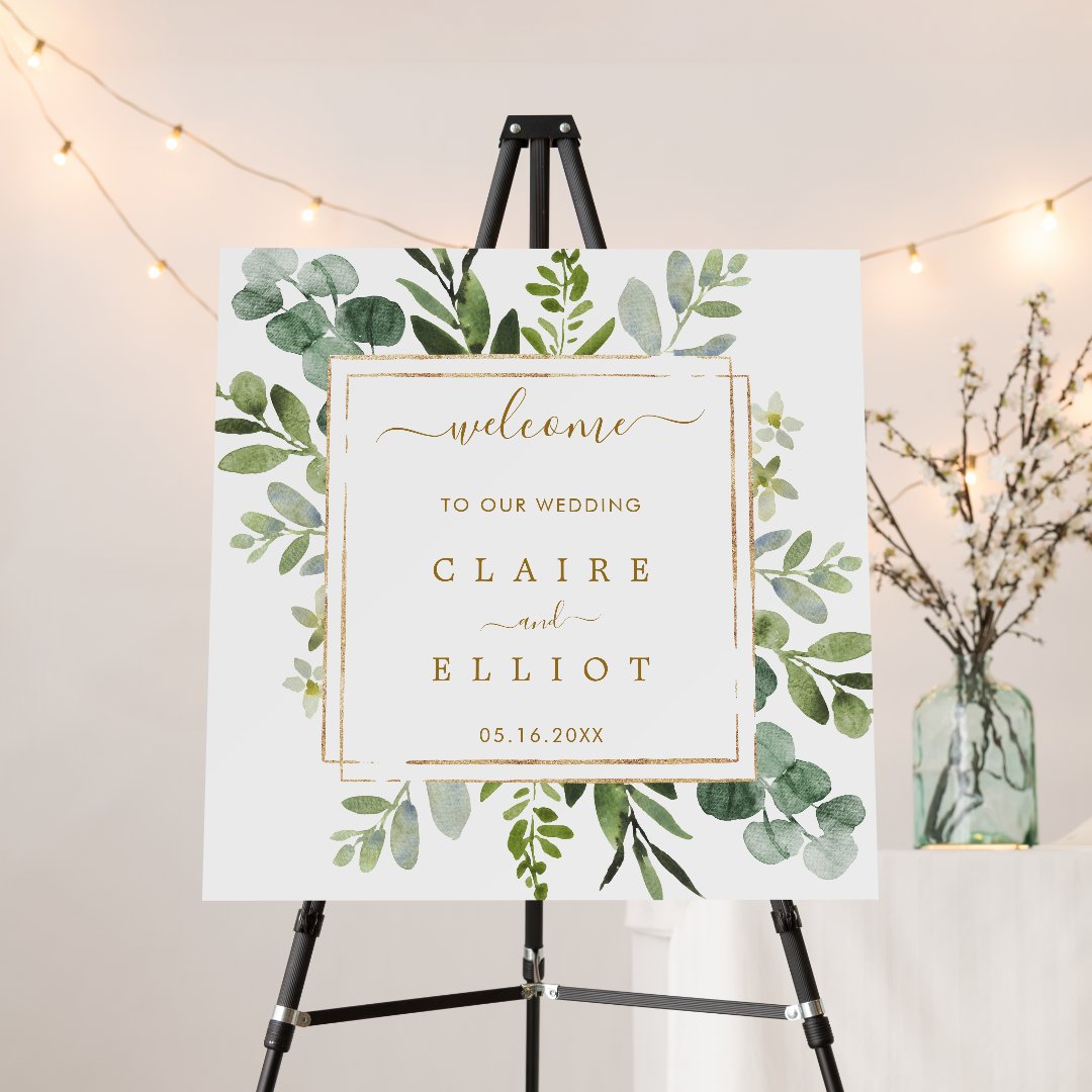 Botanical Gold Greenery Wedding Welcome Foam Board | Zazzle