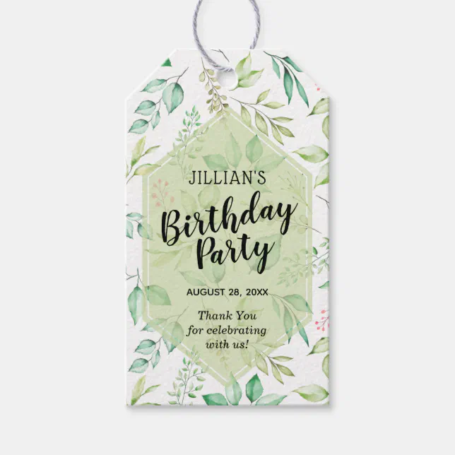 Botanical Green Leaves Birthday Party Thank You Gift Tags | Zazzle