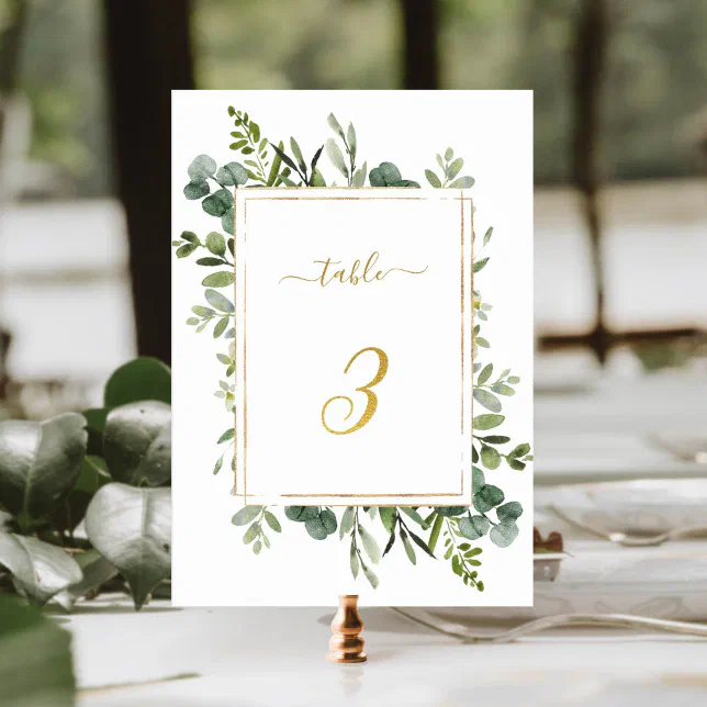 Botanical Green Wedding Gold Glitter Number 3, Table Number | Zazzle