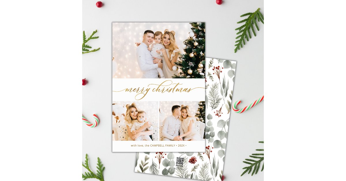 Botanical Greenery 3 Photo Collage Christmas Card | Zazzle