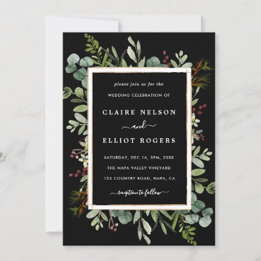 Botanical Greenery Christmas Black Wedding Invitation | Zazzle