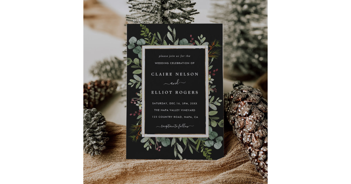 Botanical Greenery Christmas Black Wedding Invitation | Zazzle