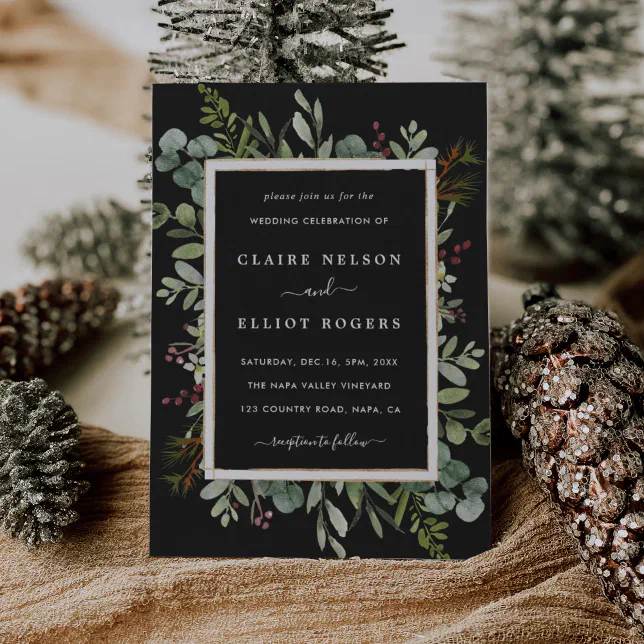 Botanical Greenery Christmas Black Wedding Invitation | Zazzle