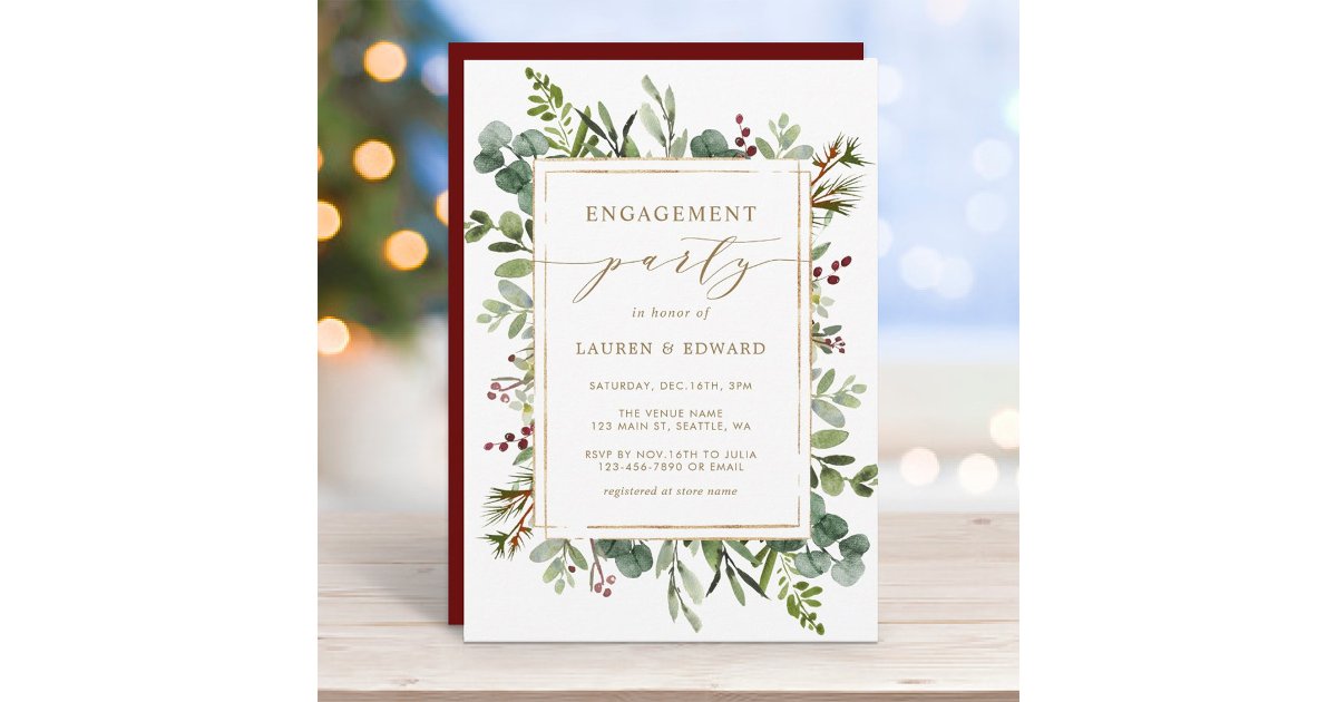 Botanical Greenery Christmas Engagement Party Invitation | Zazzle