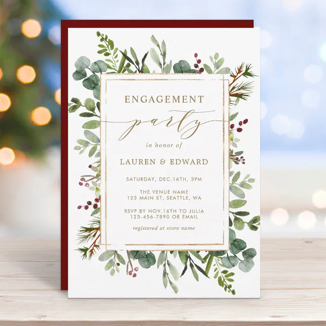 Botanical Greenery Christmas Engagement Party Invitation | Zazzle